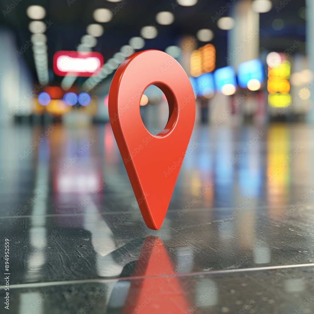 Red location pin on shiny surface. A bright red location pin stands out ...