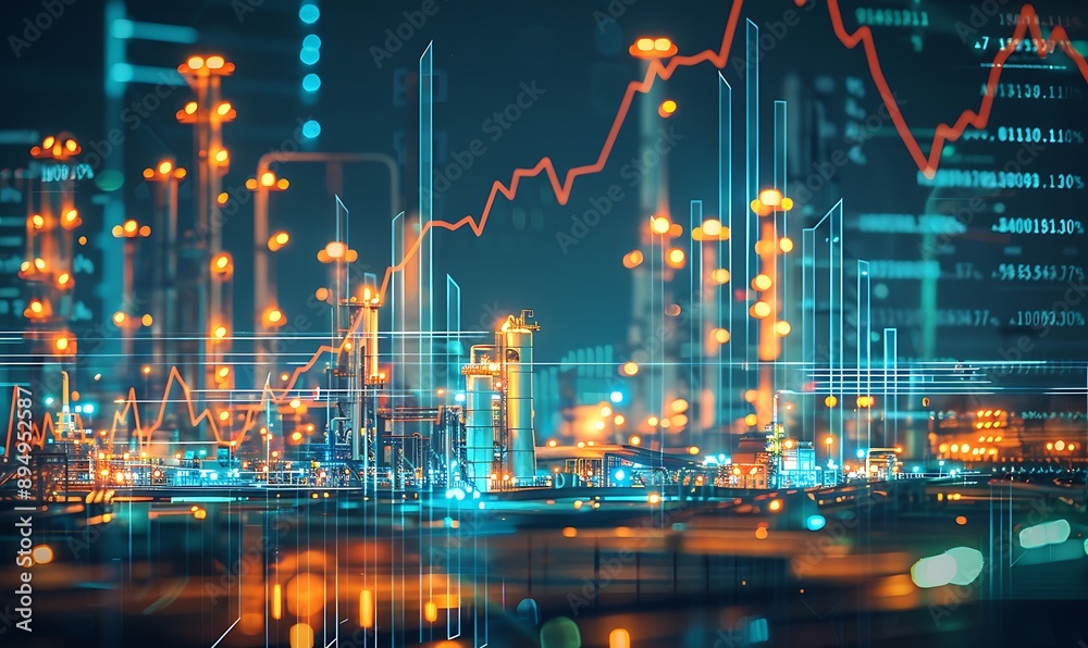 Abstract representation of an oil and gas refinery with storage tanks ...