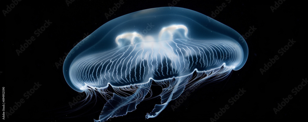 A serene image of a moon jellyfish floating gracefully on a black ...