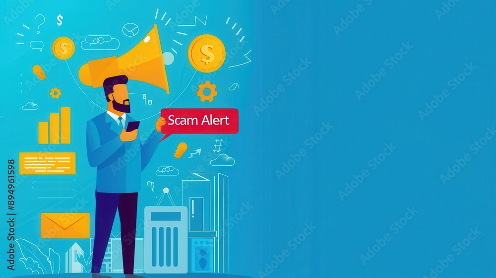 Business presentation with Scam Alert banner, Scheme, warning about ...