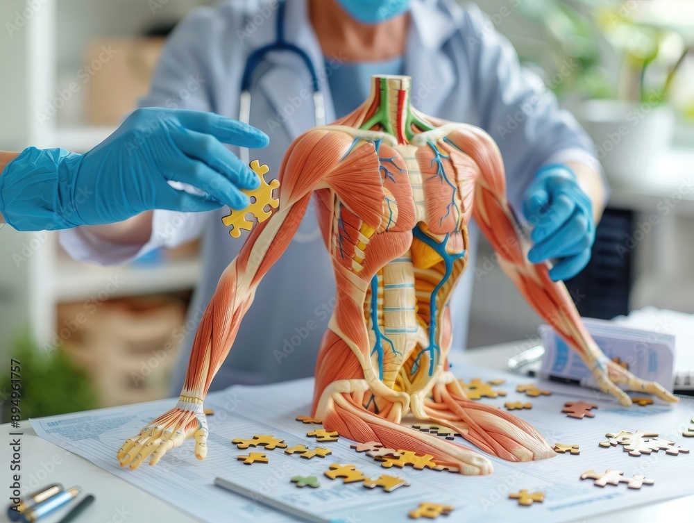 Physician engaged in healthcare construction, arranging puzzle pieces ...