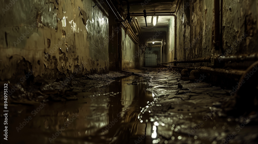 underground sewerage corridor with tipping water and wet floor Stock ...
