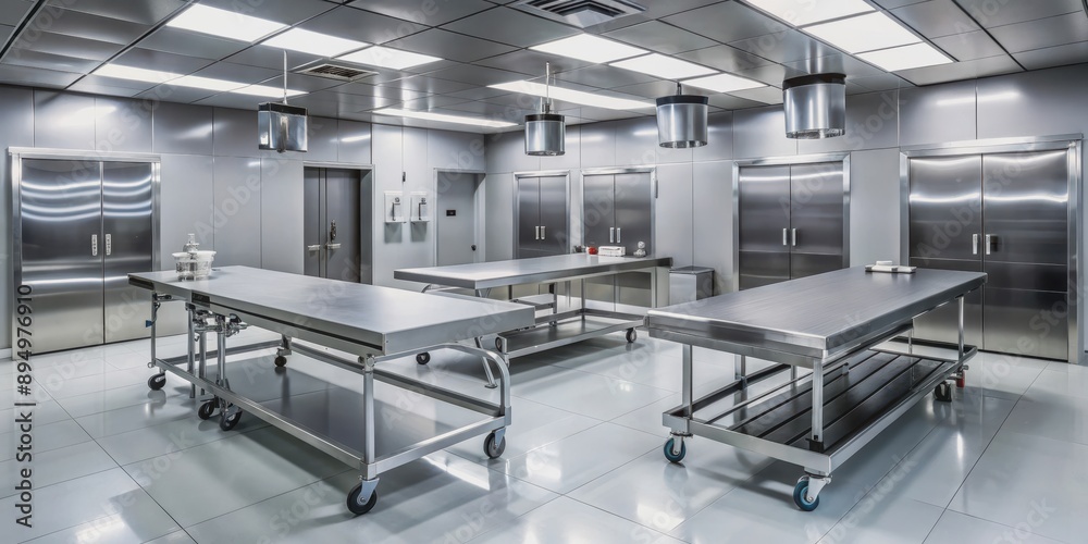 Sterile interior of a modern morgue with stainless steel tables and ...