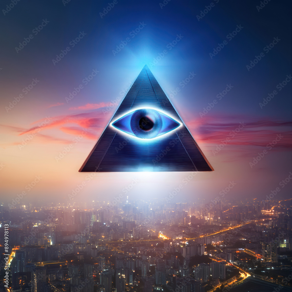 Illuminati triangle with all-seeing eye symbol floating above a city ...