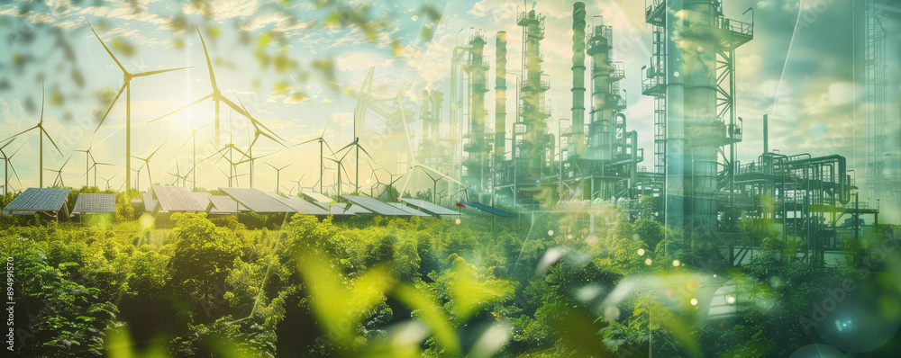 Double exposure of an oil refinery plant and a sprawling urban garden ...