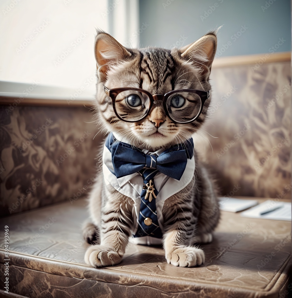 Gatito en sala, posa para la cámara, porta un traje y moño, con lentes ...