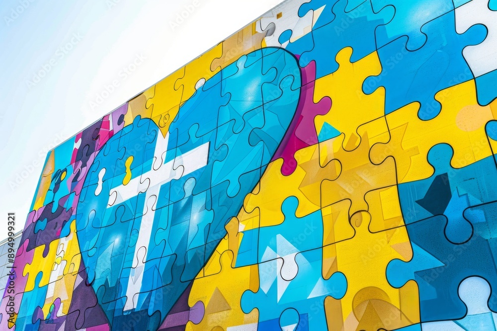 Colorful urban mural of interconnected puzzle pieces forming a blue ...