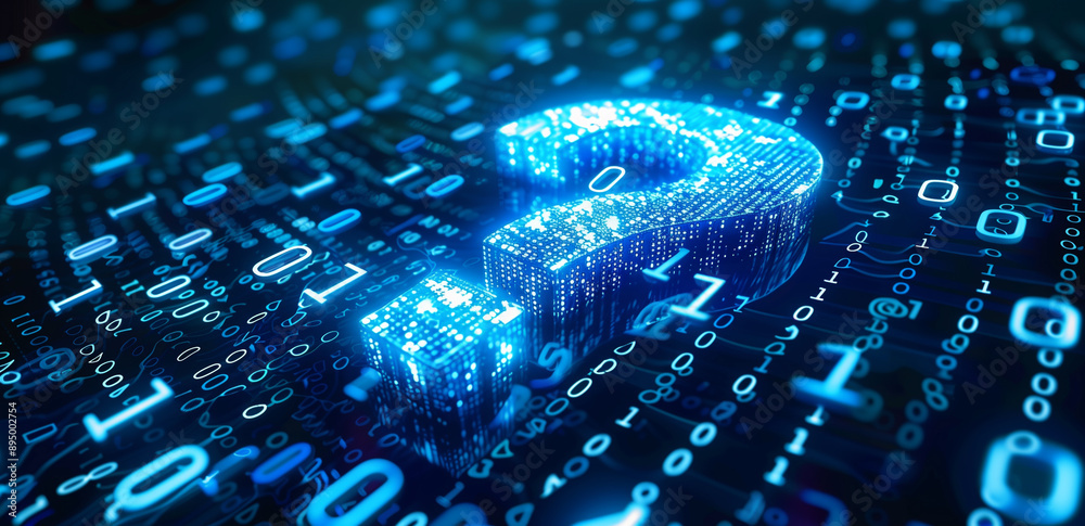 Digital question mark composed of glowing binary code in a futuristic virtual environment ...