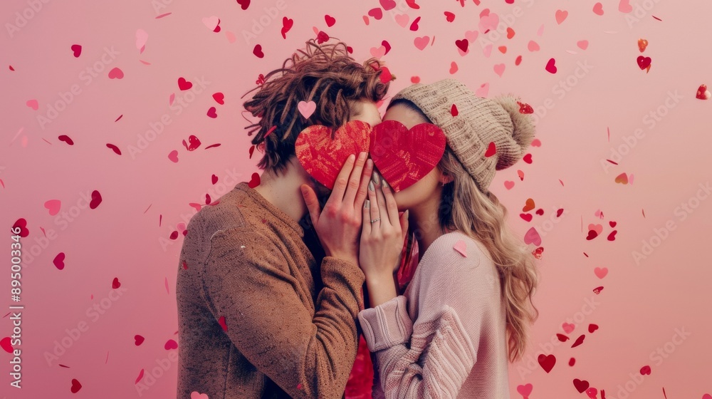 cute couple in love giving each other a kiss covering the kiss with a ...