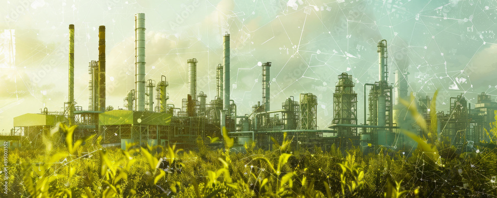 Innovative double exposure of an oil refinery plant with a futuristic ...