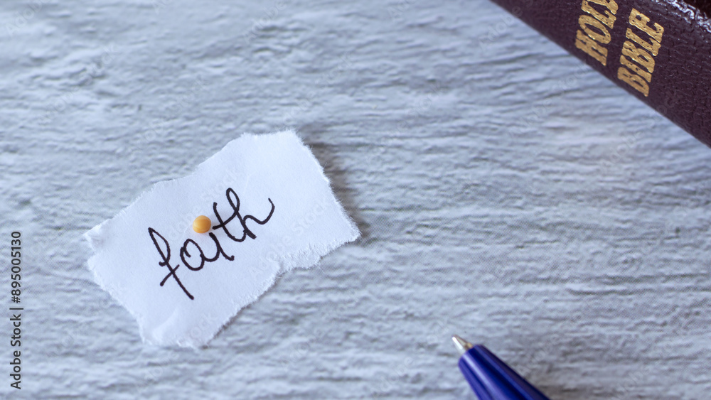 Faith handwritten word with mustard seed and holy bible book. Christian ...