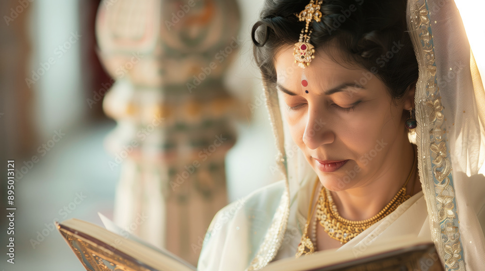 Traditional Indian woman in saree reading the Vedas in a temple with ...