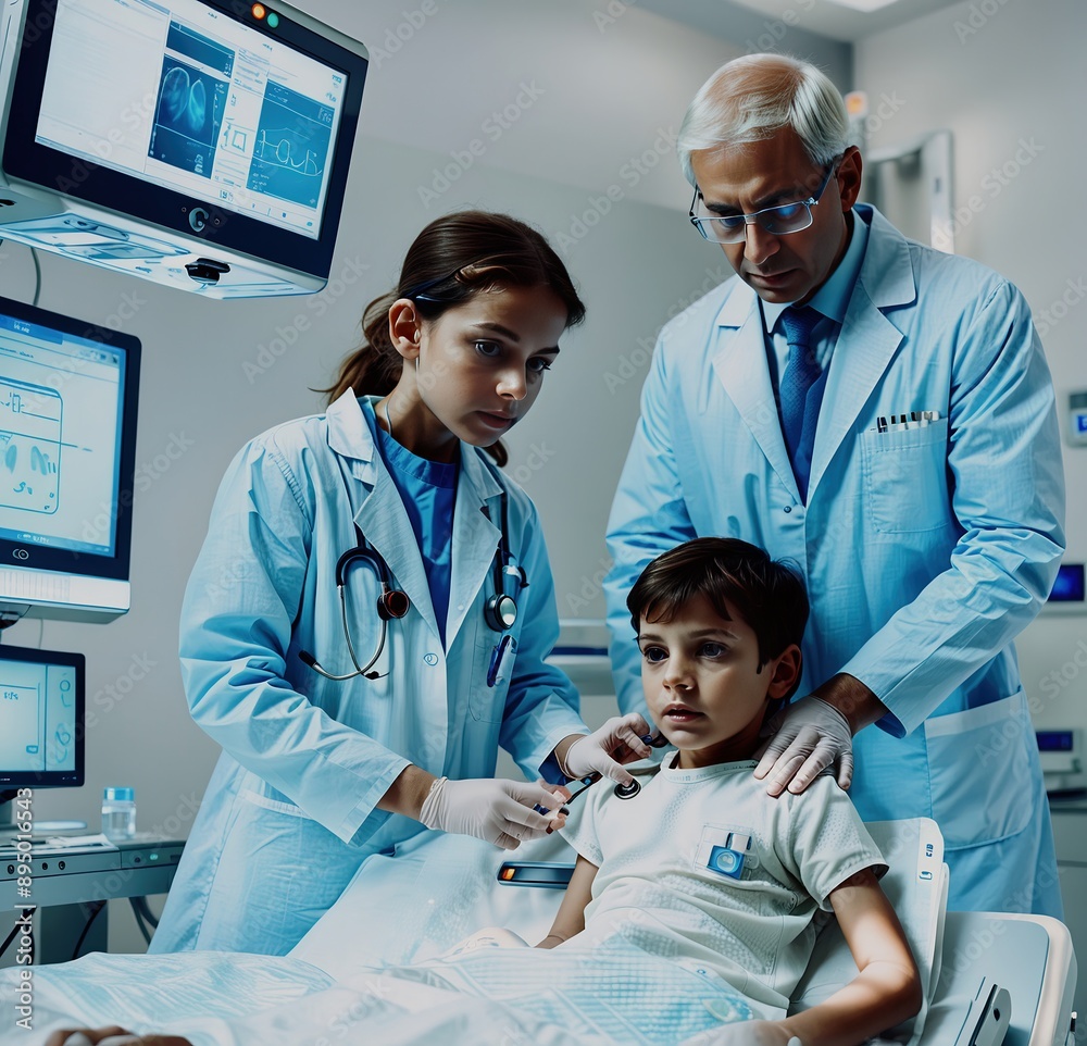 Niño paciente enfermo que es atendido en un hospital por un médico ...