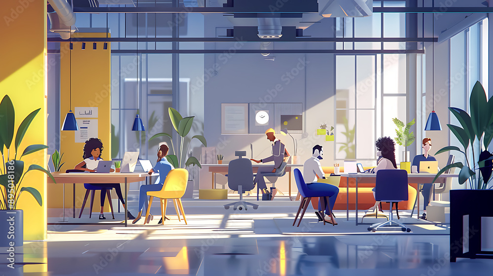 A dynamic 2D animation of a modern office with employees in various ...