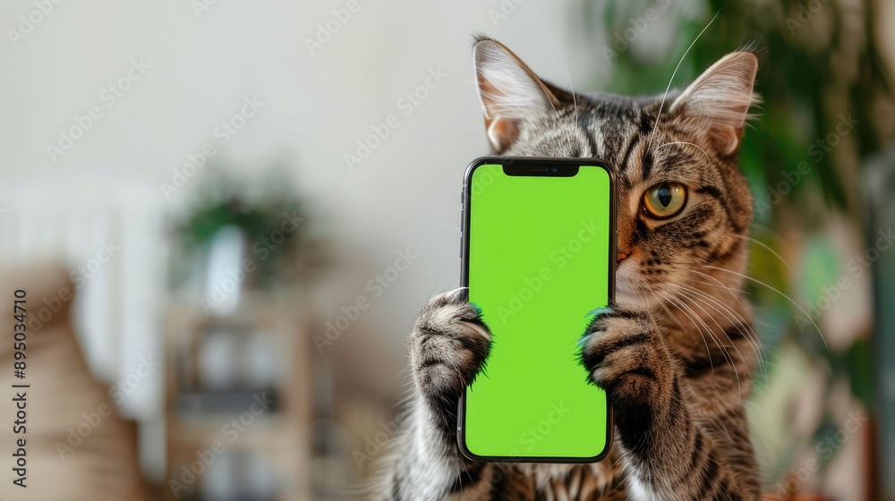 Cat portrait paw holding chroma key phone, touching, clicking, tapping ...
