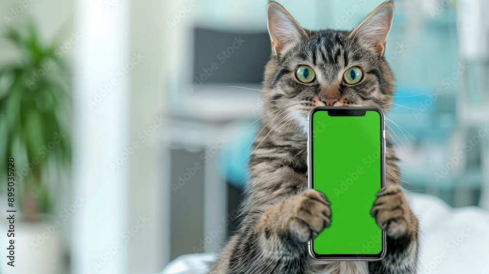 Cat portrait paw holding chroma key phone, touching, clicking, tapping ...