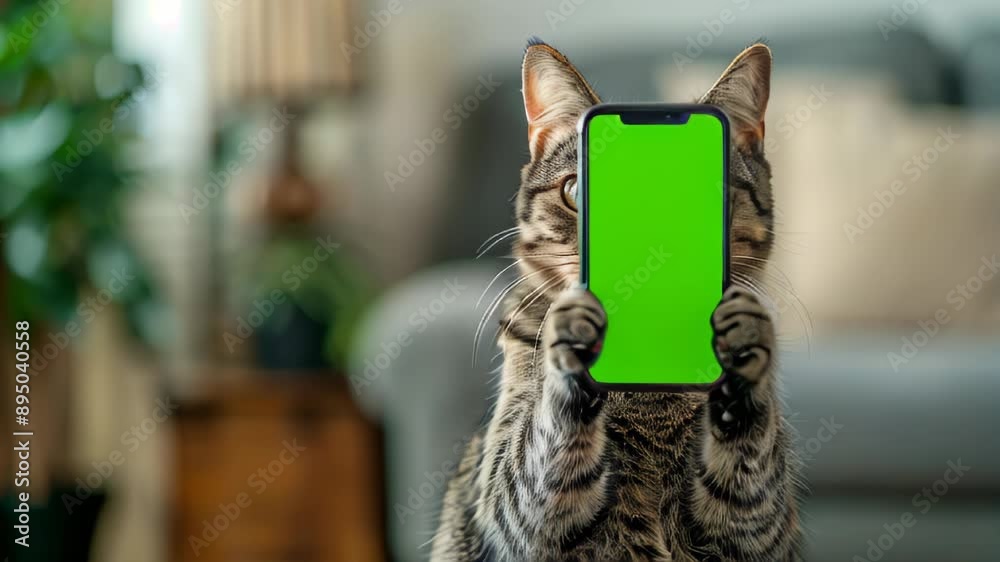 Cat portrait paw holding chroma key phone, touching, clicking, tapping ...