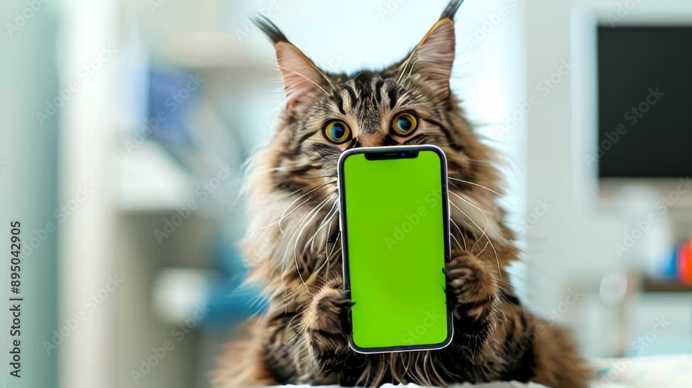 Cat portrait paw holding chroma key phone, touching, clicking, tapping ...