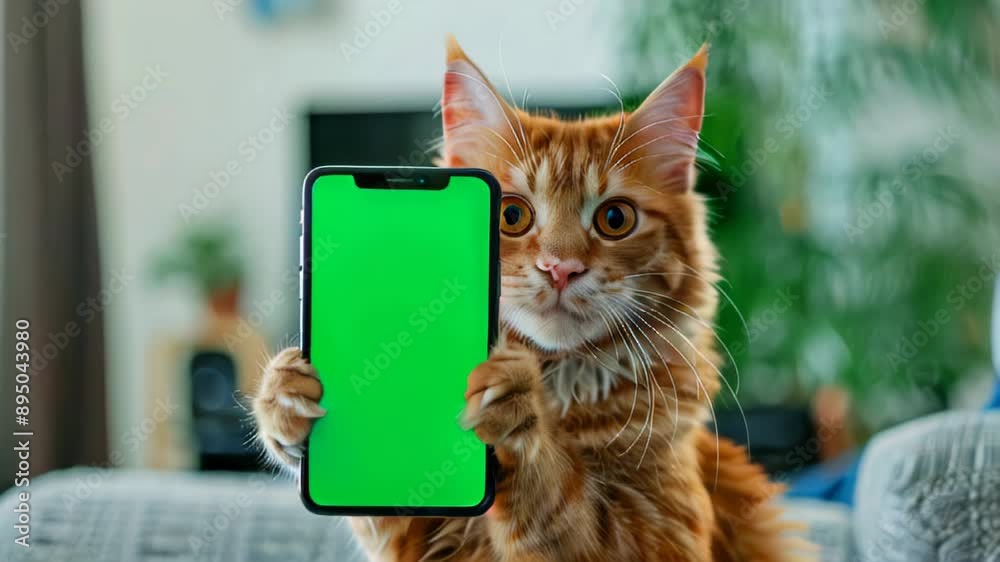 Cat portrait paw holding chroma key phone, touching, clicking, tapping ...