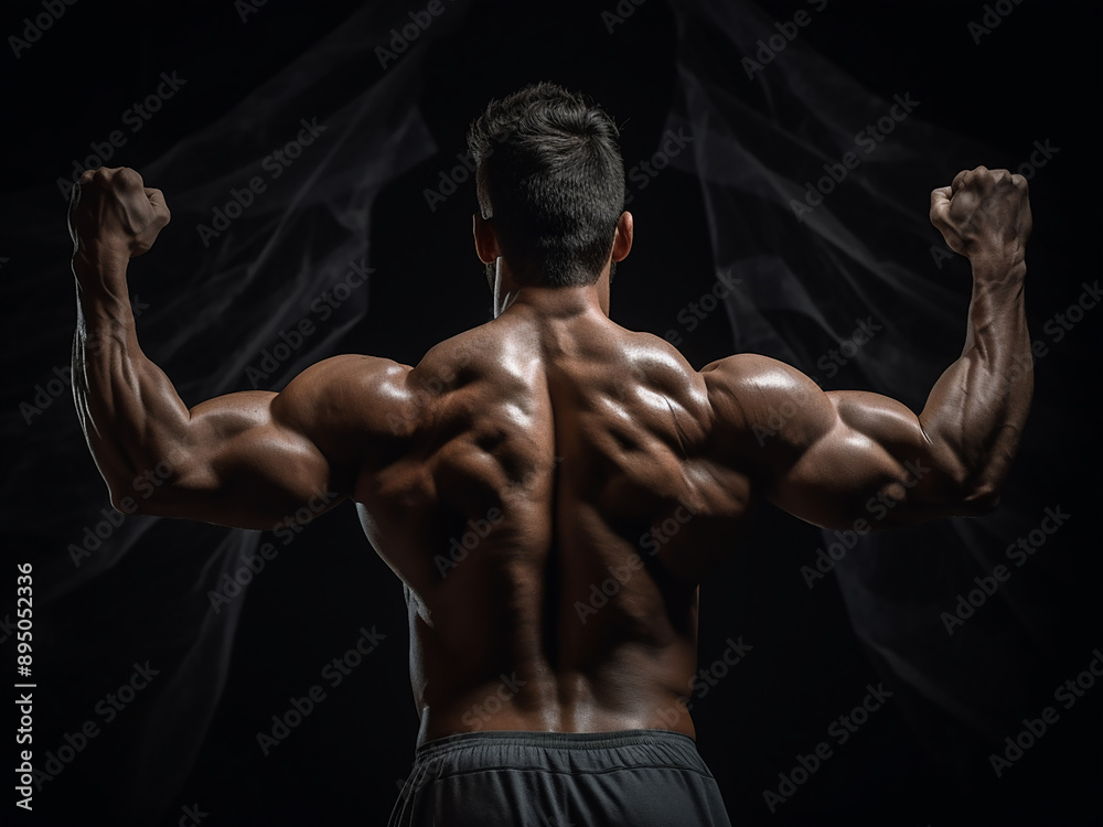 Muscular male bodybuilder flexing with raised arms and torso against a ...