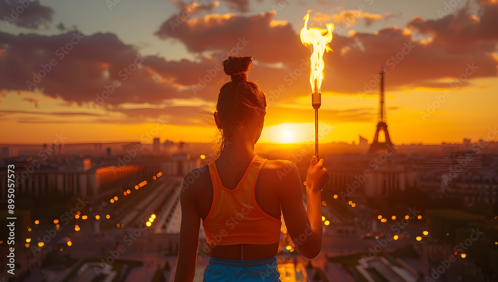 Sunset Torch Relay in Paris - Young Female Athlete with Eiffel Tower ...