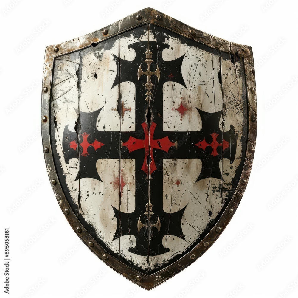 Foto de Medieval knight shield with cross emblem, worn and battle ...