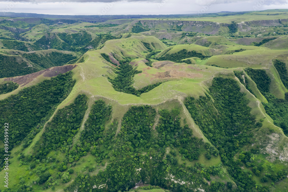 Green landscape with ridges and tree-covered slopes in Puru Kambera ...