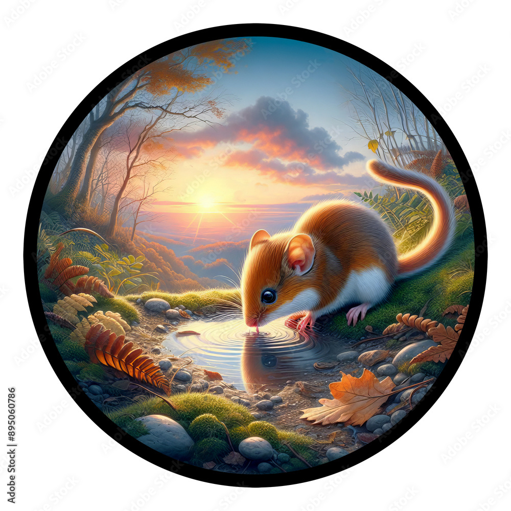 A circular 3D rendered watercolor painting of a Hazel Dormouse ...