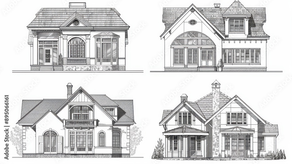 Four detailed architectural drawings of different house designs ...