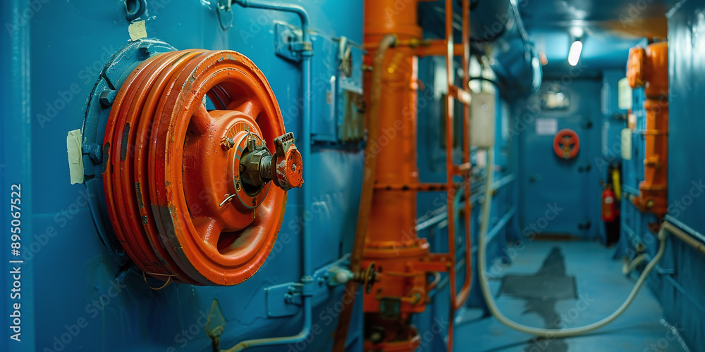 An orange fire hose reel was attached to a blue wall on an old ...