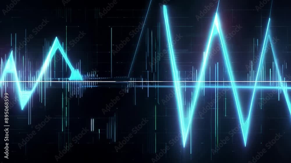 A blue waveform with vertical lines pulses in the center of a black ...