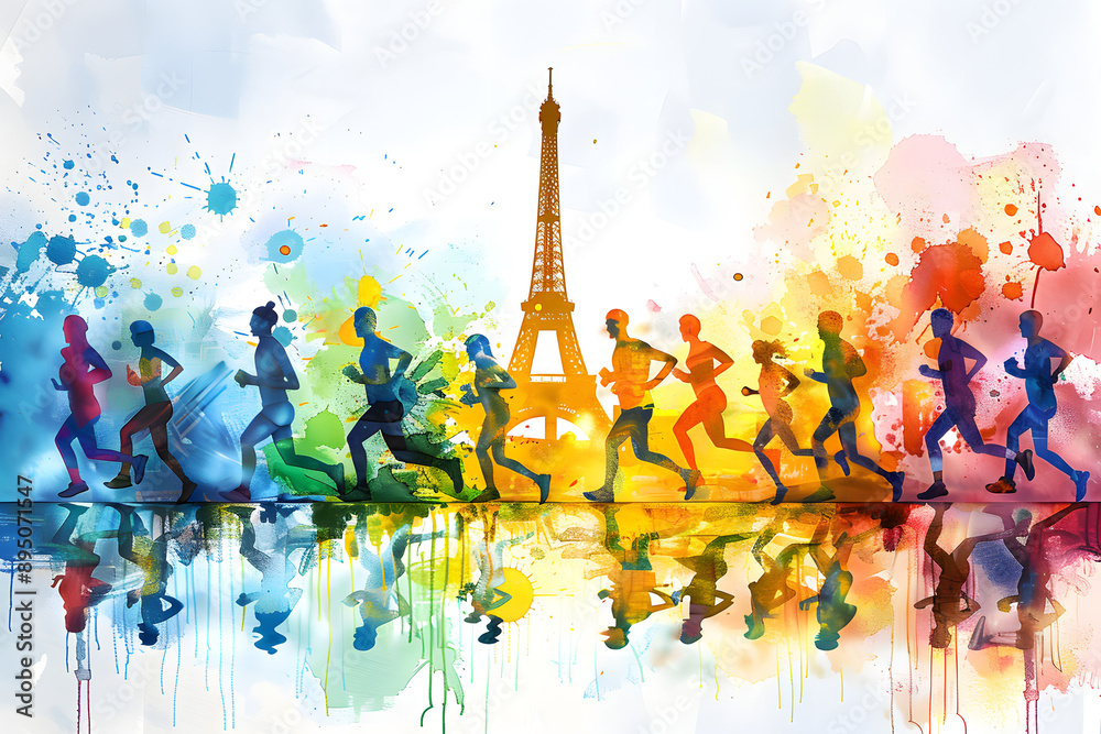 Vibrant Paris Olympics Runners in Impressionist Watercolor - Eiffel ...
