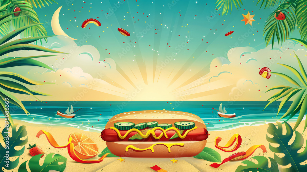 Delicious hot dog with mustard and various fresh vegetables on an ...