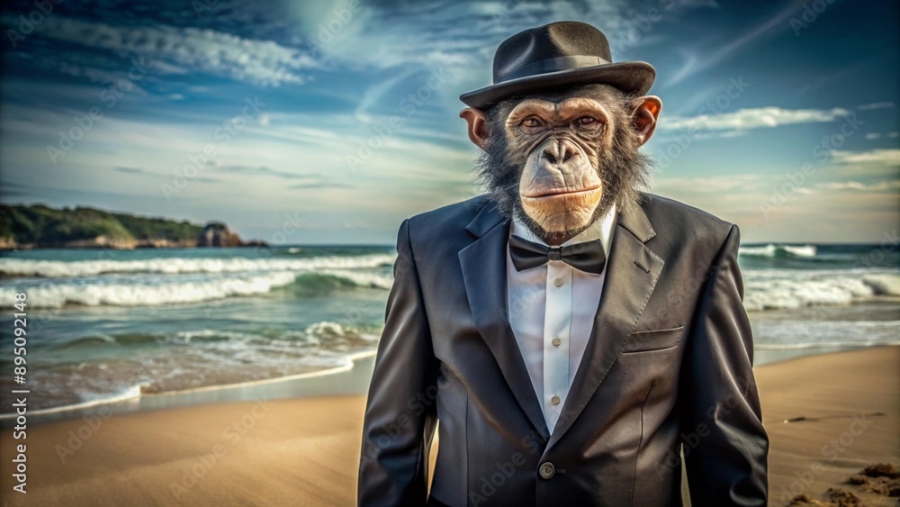 Chimpanzee as a godfather, 70s style, in a car, in a chair, with a ...