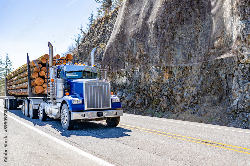Classic blue big rig day cab semi-truck with chrome parts transporting ...