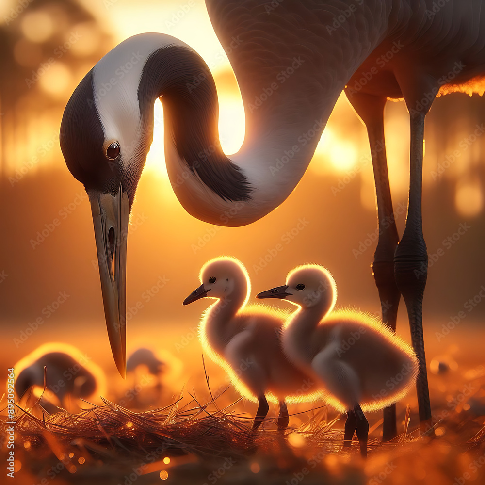 sarus crane with two babies against sunset background. sarus crane ...