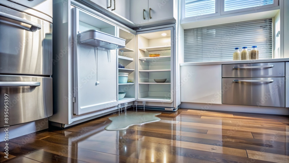 Kitchen Leak A Refrigerator Malfunction in a Modern Kitchen Interior ...
