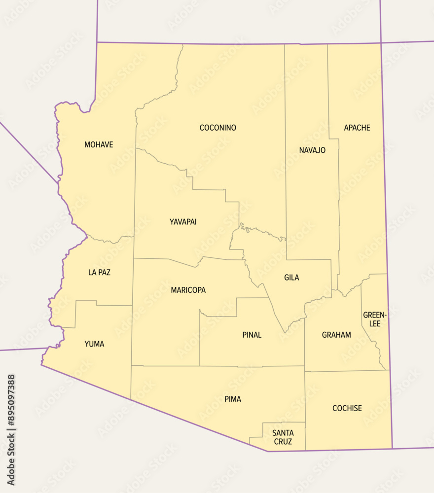 Arizona counties, political map. Landlocked state, also known as Grand ...