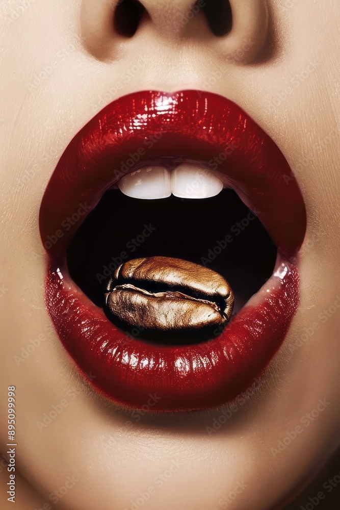 A close up of red lips with a coffee bean between them. The woman's ...