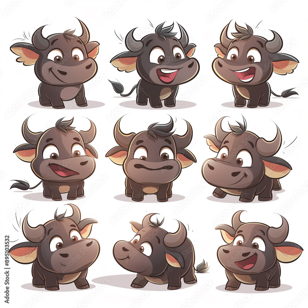 A delightful set of nine cartoon-style Thai buffalo characters with big ...