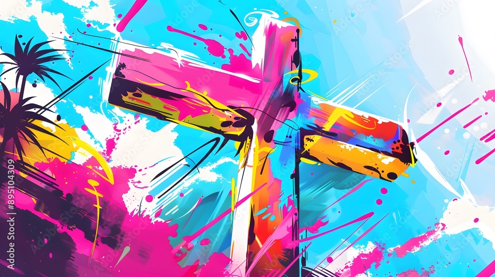 Emotive Easter cross graffiti artwork, viewed from a distance to ...