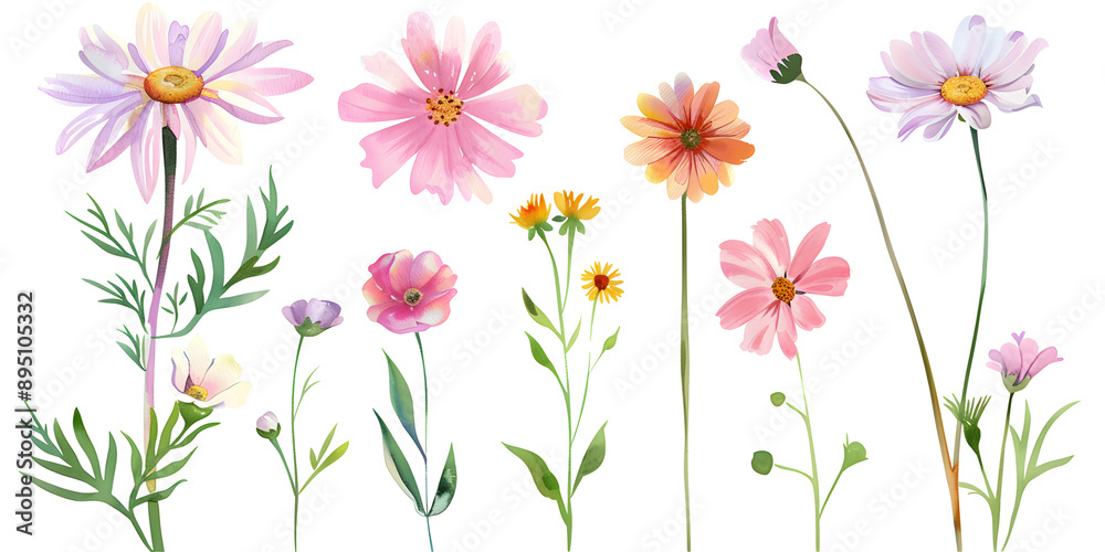 Summer meadow wildflowers, clipart set, illustration in watercolor ...