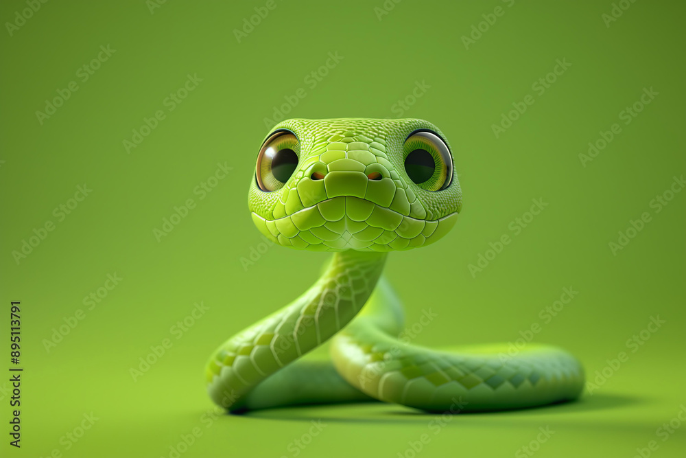 3D rendering of a cartoon cute green snake baby with big eyes , solid ...