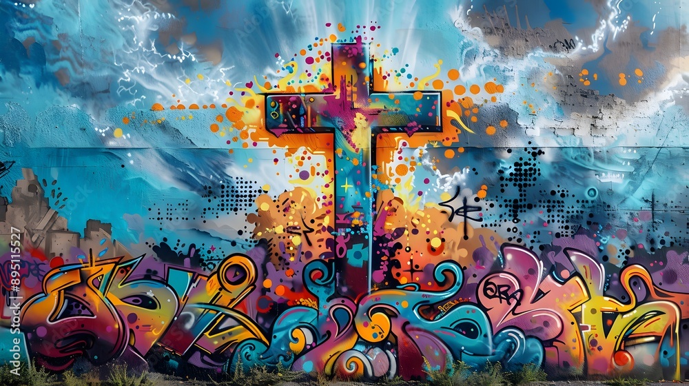 Emotive Easter cross graffiti artwork, viewed from a distance to ...
