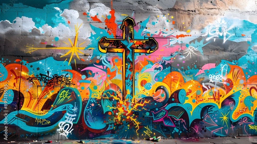 Emotive Easter cross graffiti artwork, viewed from a distance to ...