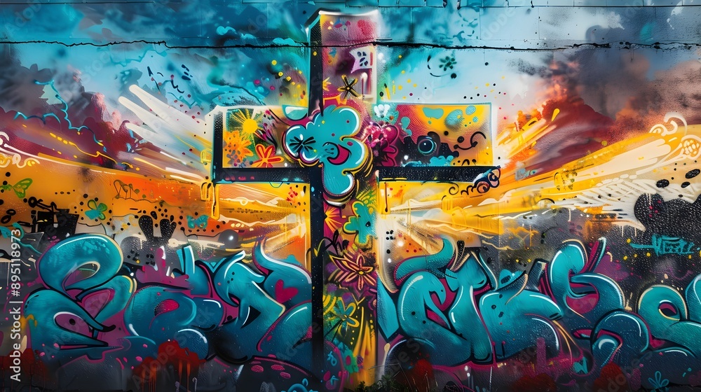 Emotive Easter cross graffiti artwork, viewed from a distance to ...