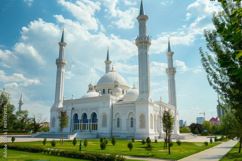 White mosque with multiple domes and minarets surrounded by gardens ...