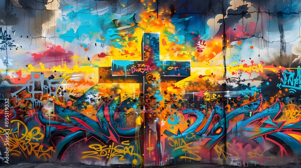 Emotive Easter cross graffiti artwork, viewed from a distance to ...