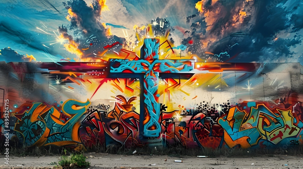Emotive Easter cross graffiti artwork, viewed from a distance to ...