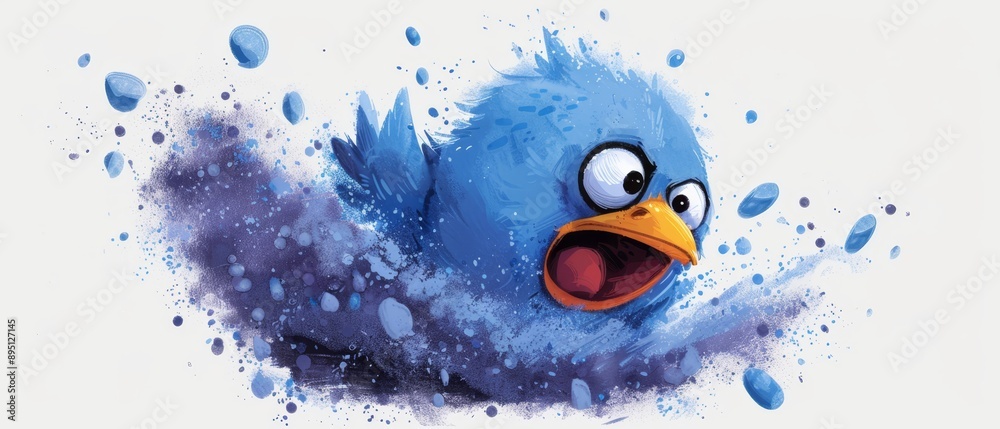 A painting of a blue bird with its beak agape and water droplets ...
